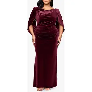 Betsy & Adam Drape Back Velvet Gown - Burgundy