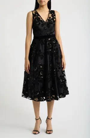 Eliza J Floral Appliqué V-neck Sleeveless Party Dress