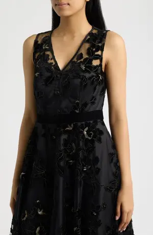 Eliza J Floral Appliqué V-neck Sleeveless Party Dress