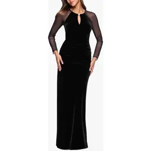 Betsy & Adam Mesh Long Sleeve Ruched Velvet Gown - Black