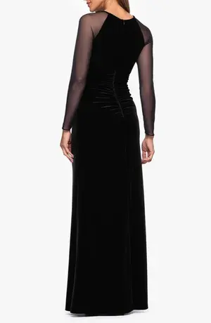 Betsy & Adam Mesh Long Sleeve Ruched Velvet Gown