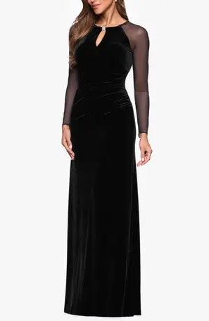 Betsy & Adam Mesh Long Sleeve Ruched Velvet Gown