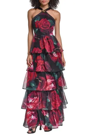 Karl Lagerfeld Paris Floral Halter Neck Tiered Gown - Black Multi