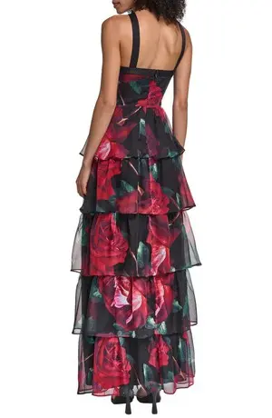 Karl Lagerfeld Paris Floral Halter Neck Tiered Gown