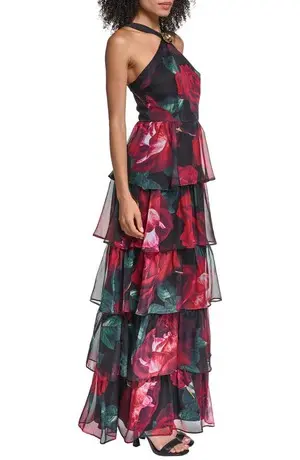Karl Lagerfeld Paris Floral Halter Neck Tiered Gown