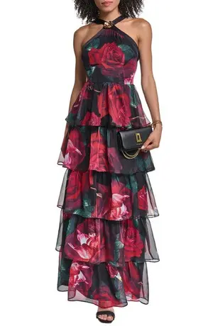 Karl Lagerfeld Paris Floral Halter Neck Tiered Gown