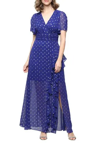 SL FASHIONS Short Sleeve Foil Dot Chiffon Gown - Iris