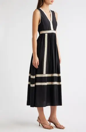 Moon River Rickrack Sleeveless V-neck Midi Dress