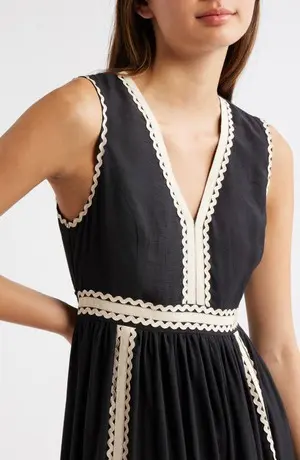 Moon River Rickrack Sleeveless V-neck Midi Dress