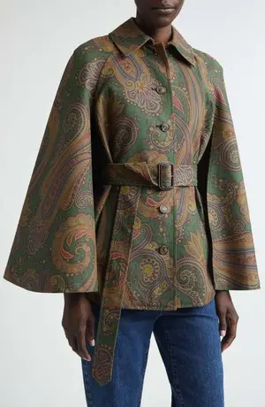 Etro Belted Paisley Gabardine Cape - Green