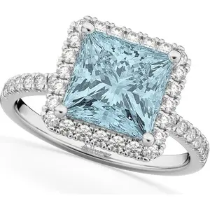 ALLUREZ Princess Cut Halo Aquamarine & Diamond Engagement Ring 14k - 3.47ct/white Gold