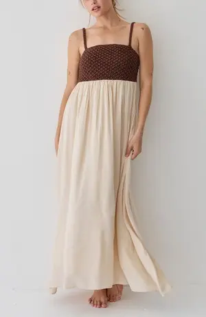 CRESCENT Basket Weave Mixed Media Maxi Dress - Brown/custard