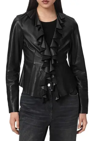 ALLSAINTS Luana Ruffled Leather Shirt - Black