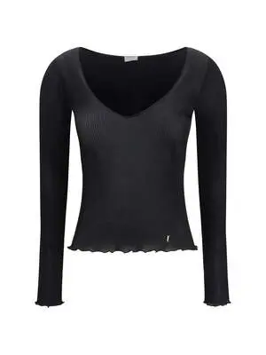 Saint Laurent Cassandre V Neck Ribbed Silk Top - Black