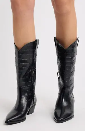 Nordstrom Georgia Leather Block Heel Boots - Black Croco