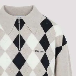 Miu Miu Cashmere Argyle Pattern Half-zip Polo Sweater - Multicolor