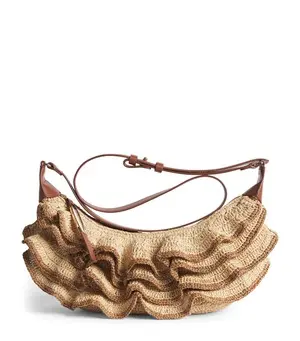 Zimmermann Goldentime Ruffle Raffia Shoulder Bag - Beige