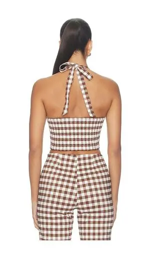 Majorelle Halterneck Cropped Top - Brown Gingham