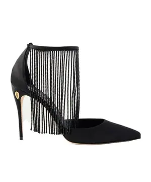 Jennifer Chamandi Fernando 105 Crystal-embellished Fringed Satin Pumps - Black