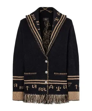 Ralph Lauren Wool And Silk-blend Intarsia Cardigan With Fringe - Black