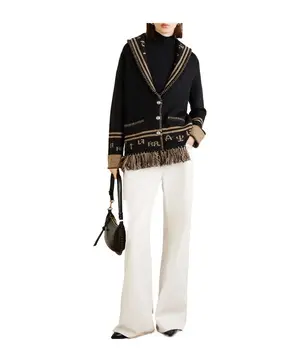 Ralph Lauren Wool And Silk-blend Intarsia Cardigan With Fringe