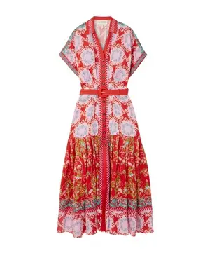 Saloni Riya Belted Pleated Floral-print Linen-voile Dress - Pink