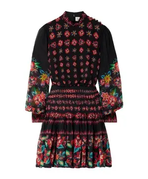Saloni Isa Pleated Floral-print Silk Crepe De Chine Mini Dress - Black