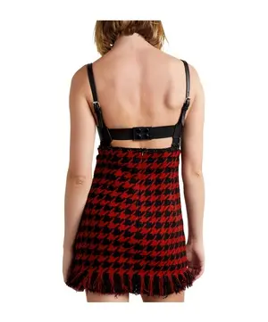 Monse Leather-trimmed Fringed Knitted Houndstooth Mini Dress