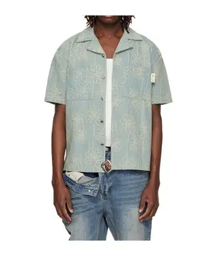 Andersson Bell Floral Embroidered Open Collar Denim Shirt - Denim Blue