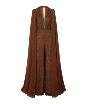 Jenny Packham Embellished Jumpsuit With Cape Effect - Brown