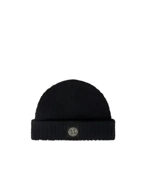 Stone Island Ribbed Knit Beanie With Compass Logo Patch - Black
