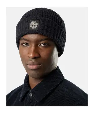 Stone Island Ribbed Knit Beanie With Compass Logo Patch