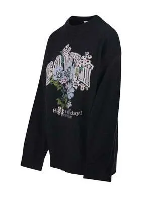 GANNI Oversized Floral Logo Knitted Sweater - Phantom Black
