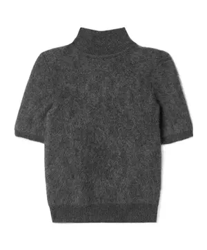 Adam Lippes Fuzzy Knit Mock Neck Short Sleeve Top - Black