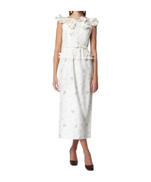 Alessandra Rich White Floral Silk Midi Dress With Ruffles And Bow Detail