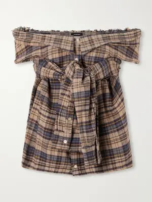 R13 Checked Cotton-flannel Off-the-shoulder Blouse