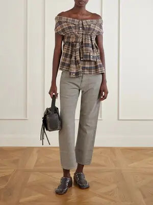 R13 Checked Cotton-flannel Off-the-shoulder Blouse