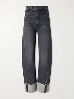 MOTHER The Half Pipe Ankle Cuff Fray High-rise Barrel-leg Jeans - Black