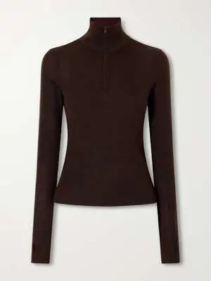 THE FRANKIE SHOP Sade Ribbed Wool And Silk-blend Half-zip Sweater - Brown