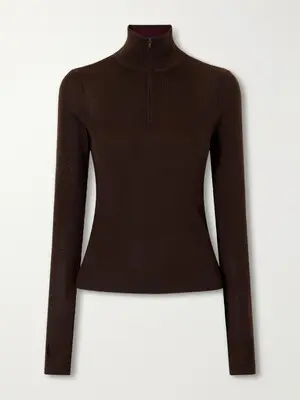 THE FRANKIE SHOP Sade Ribbed Wool And Silk-blend Half-zip Sweater - Brown