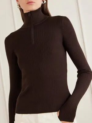 THE FRANKIE SHOP Sade Ribbed Wool And Silk-blend Half-zip Sweater - Brown