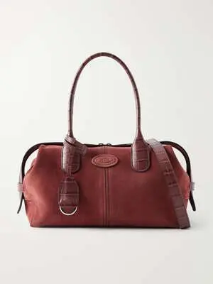 TOD'S Bauletto Croc-effect Leather-trimmed Suede Mini Bag - Brick