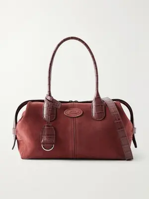 TOD'S Bauletto Croc-effect Leather-trimmed Suede Mini Bag - Red