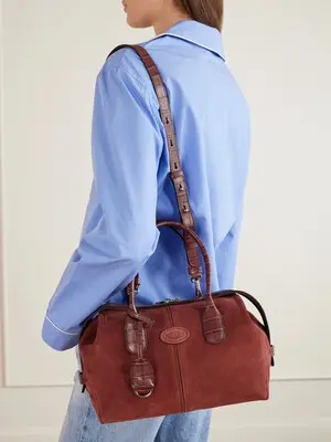 TOD'S Bauletto Croc-effect Leather-trimmed Suede Mini Bag