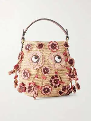 ANYA HINDMARCH Blossom Creature Embellished Raffia Mini Bag - Sand
