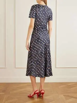 Staud Marcel Printed Ruched Silk-blend Satin Midi Dress