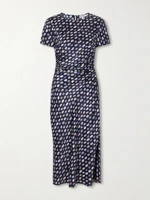 Staud Marcel Printed Ruched Silk-blend Satin Midi Dress - Blue