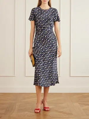 Staud Marcel Printed Ruched Silk-blend Satin Midi Dress - Blue