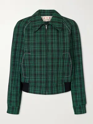 Marni Cropped Checked Wool And Cotton-blend Twill Jacket - Green