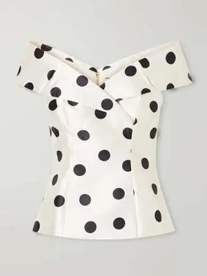 Rebecca Vallance REBECCA VALLANCE Bacio Off-the-Shoulder Polka Dot Satin Top Beige